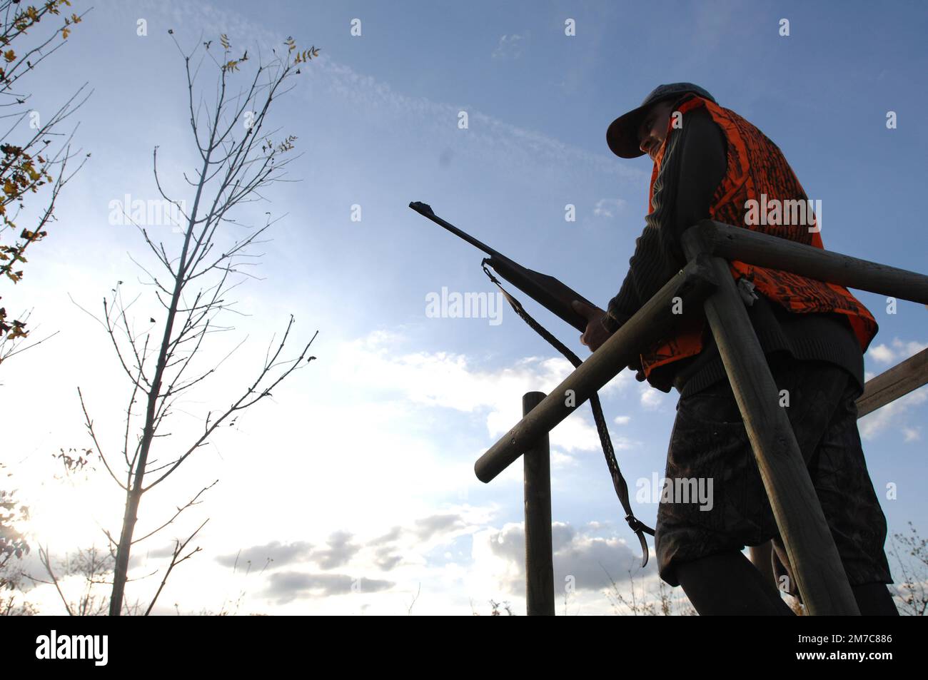 France. Hunter on a hunting platform during a big game hunt Stock Photo ...