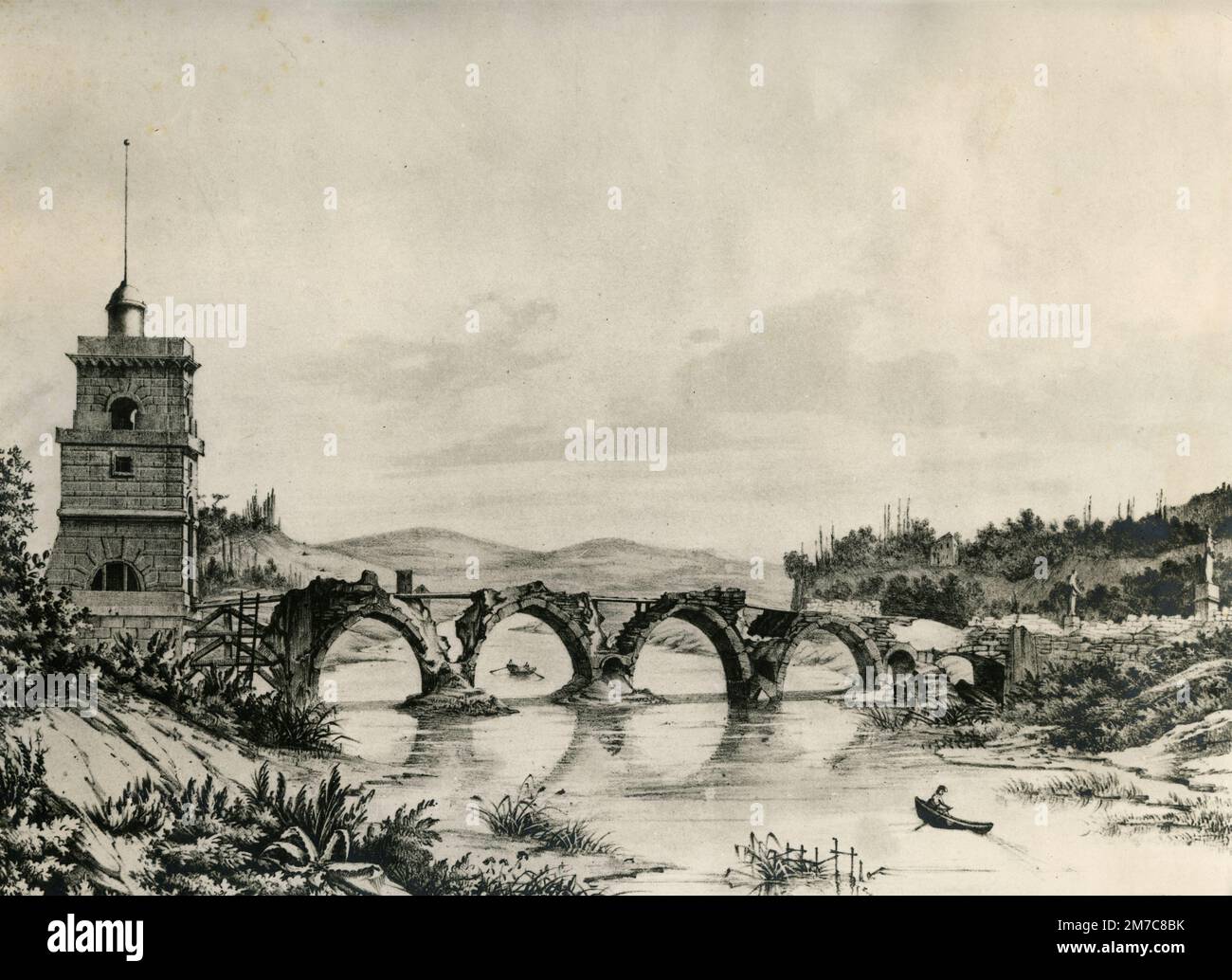 View of Ponte Milvio Bridge, illustration, Rome, Italy 1800s Stock ...