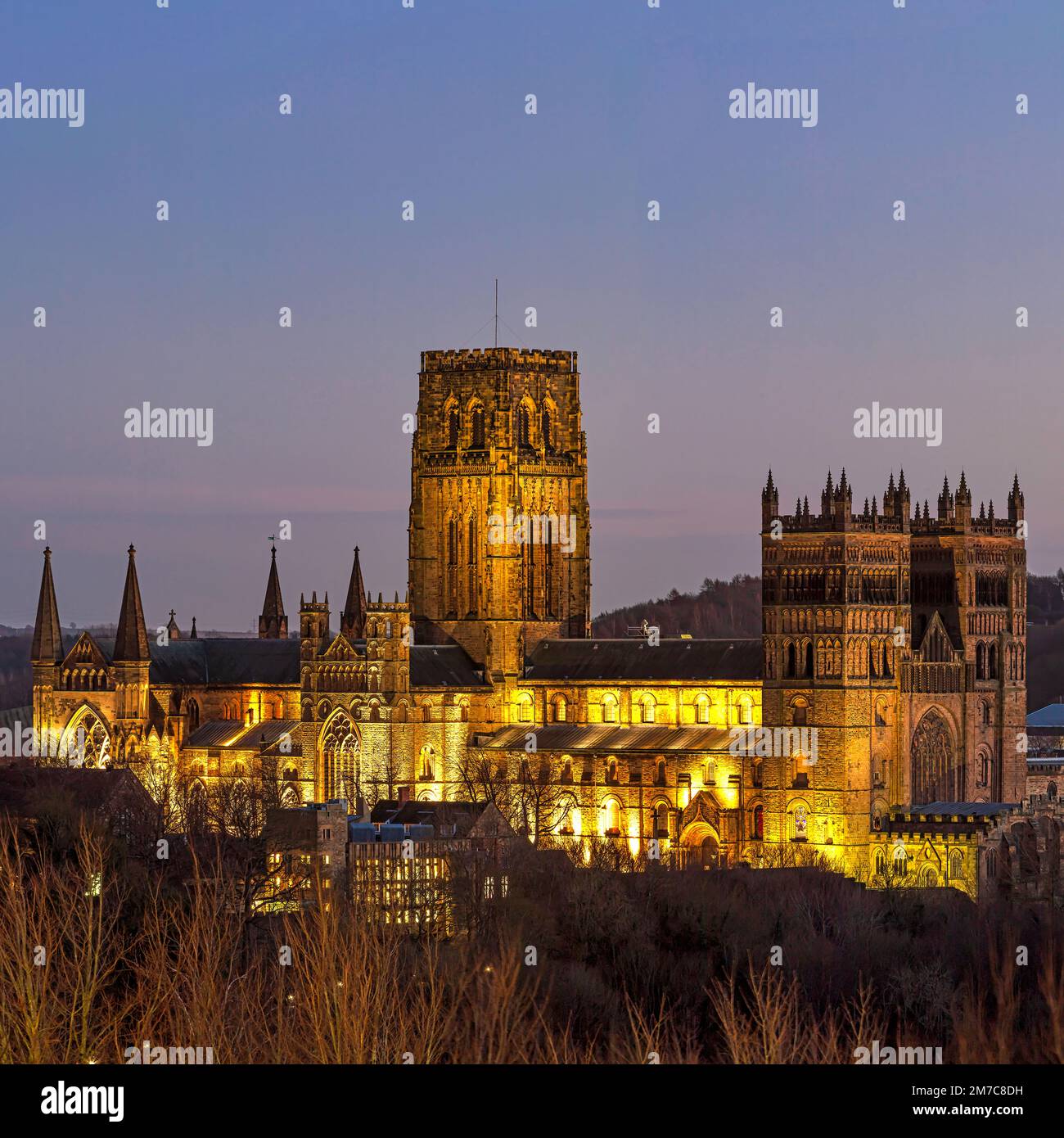 Durham Cathedral floodlit at dusk, Durham City, County Durham, England ...