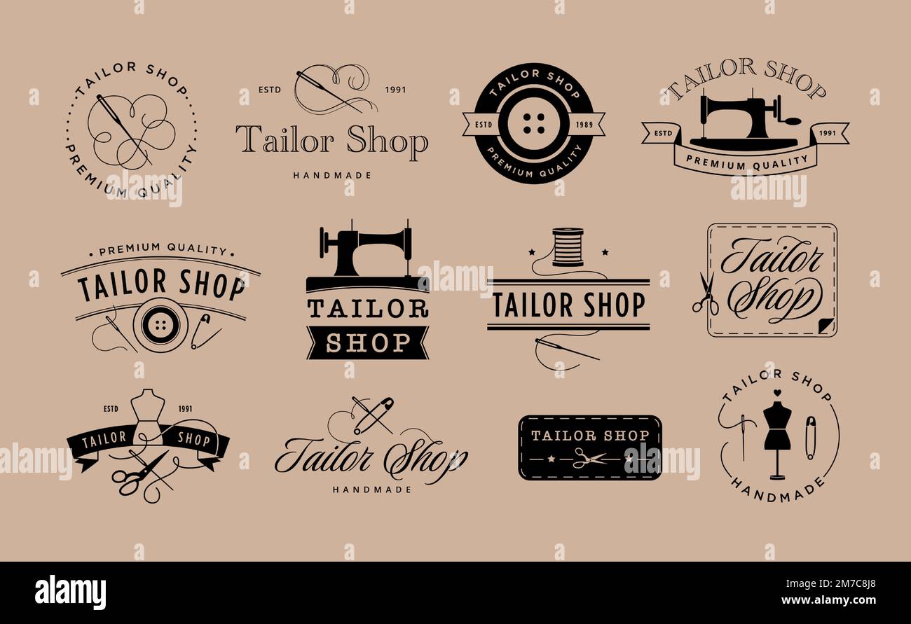 Tailor shop emblem. Elegant dressmaker label, atelier tag with dummy ...