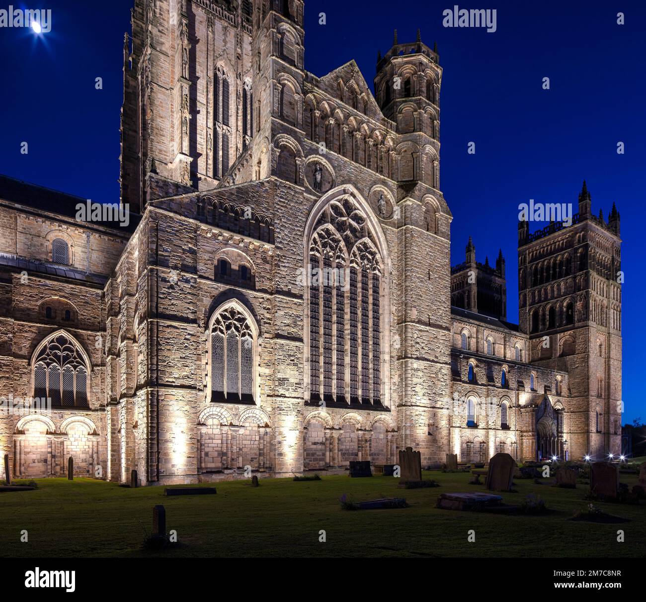 Durham Cathedral floodlit at dusk from Palace Green, Durham City ...