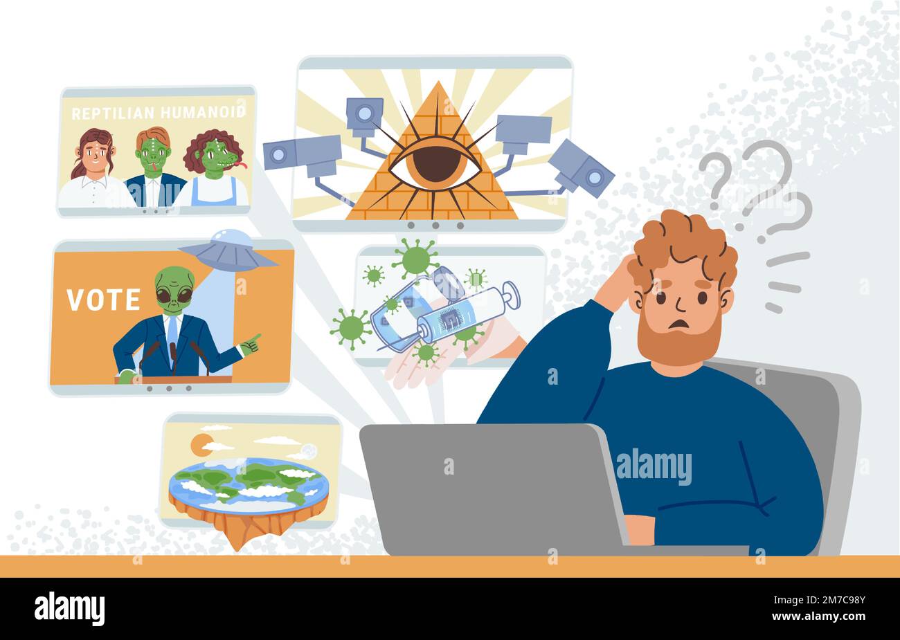 Conspiracy ideas and fake news. Worried person read disinformation and ...