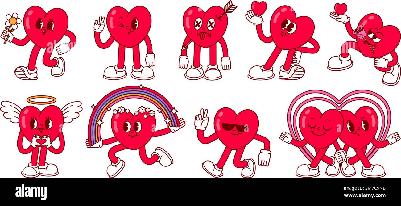 Heart character. Love mascot hearts with cute faces, cartoon feets and ...