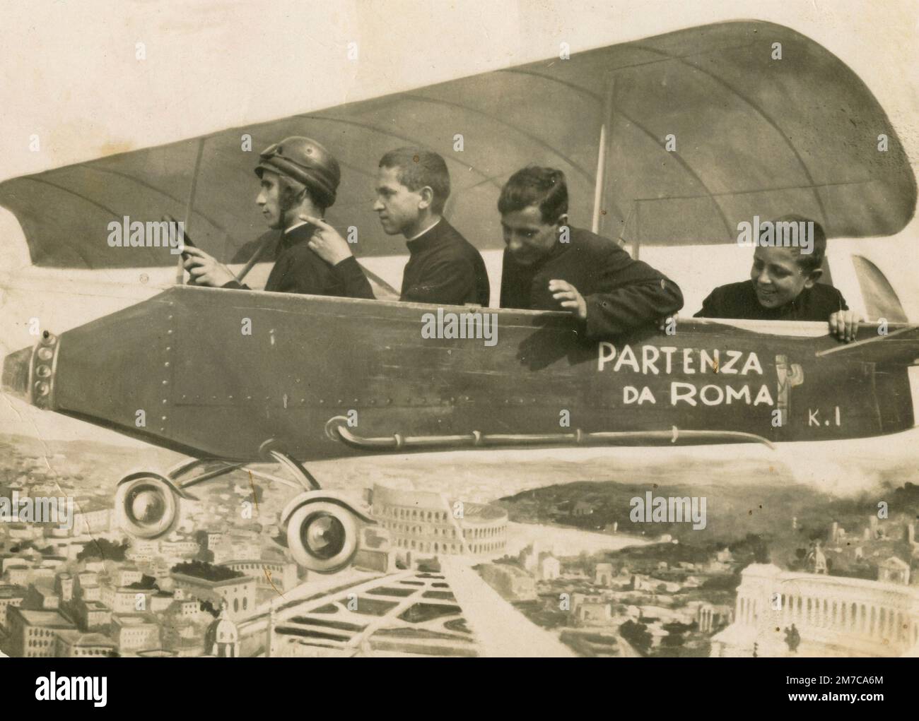 Studio vintage photomontage photograph of four people on a small ...