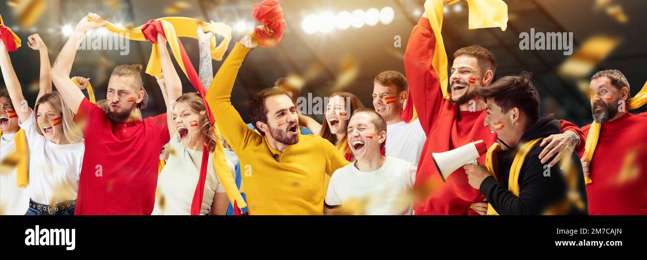 Group of emotive, expressive young people, football, soccer fans ...