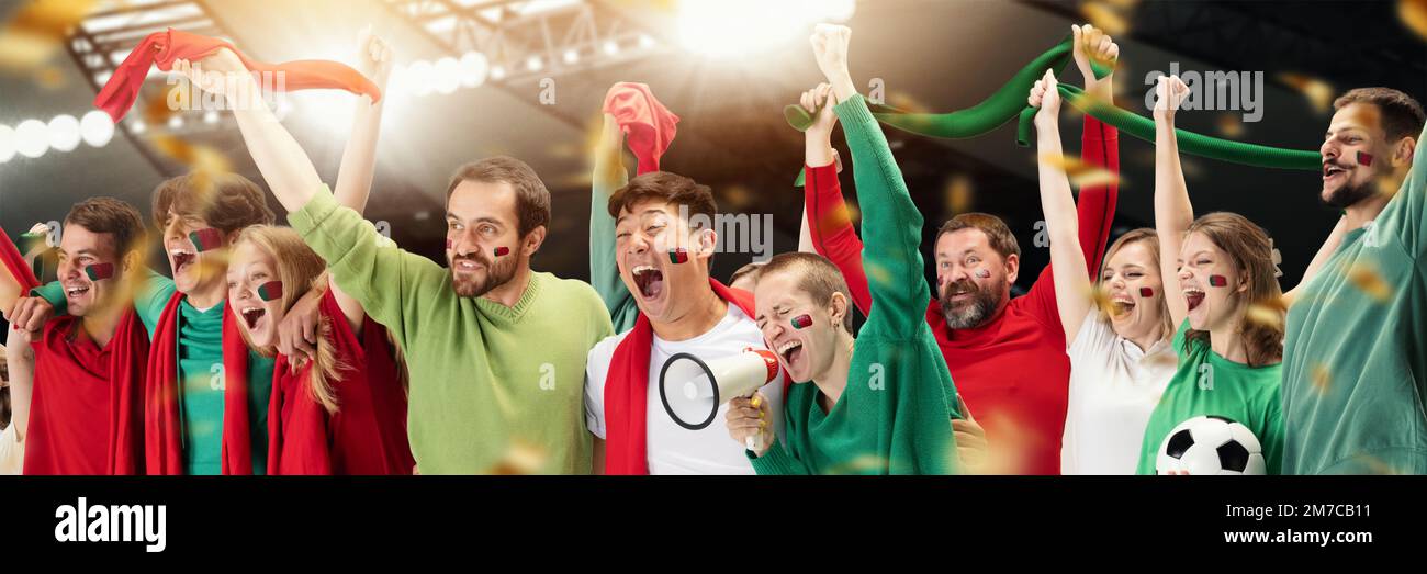 Group of emotive, expressive young people, football, soccer fans ...