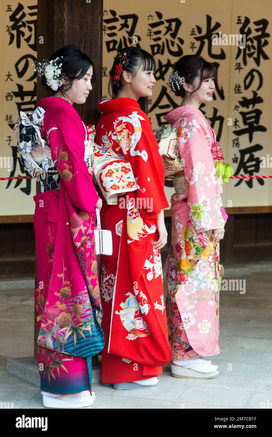 Young women in kimono on Coming of Age Day at Meiji Shrine, Harajuku ...