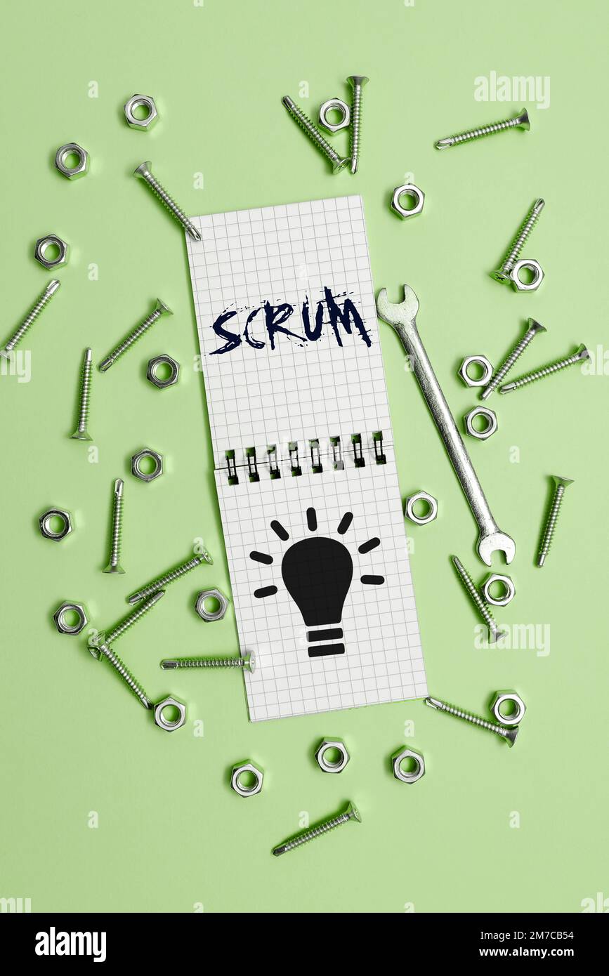 Hand writing sign Scrum. Business idea handwriting as distinct from print written characters of ...