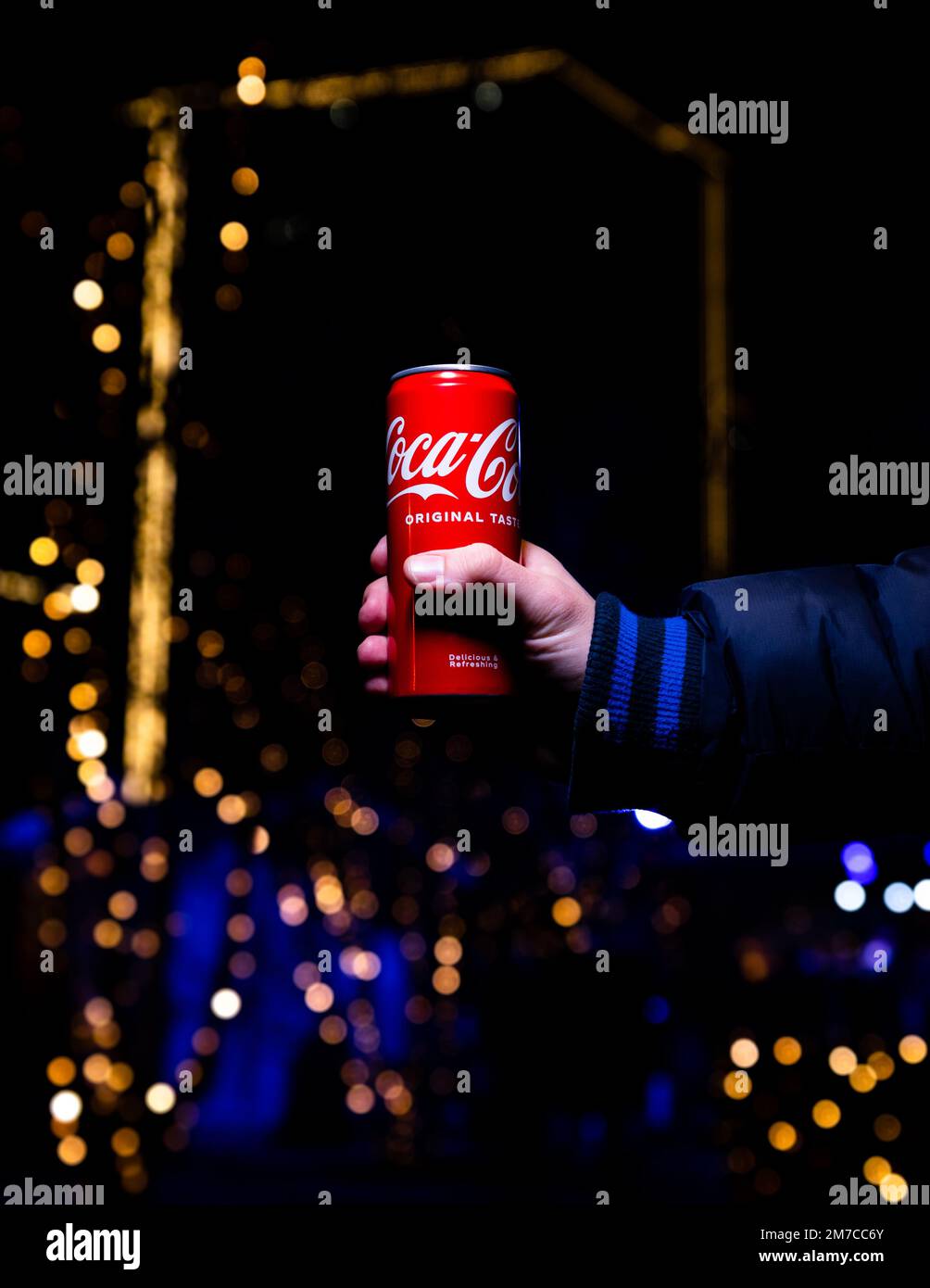 Belgrade, Serbia - January 5, 2023: Coca Cola can in hand with ...
