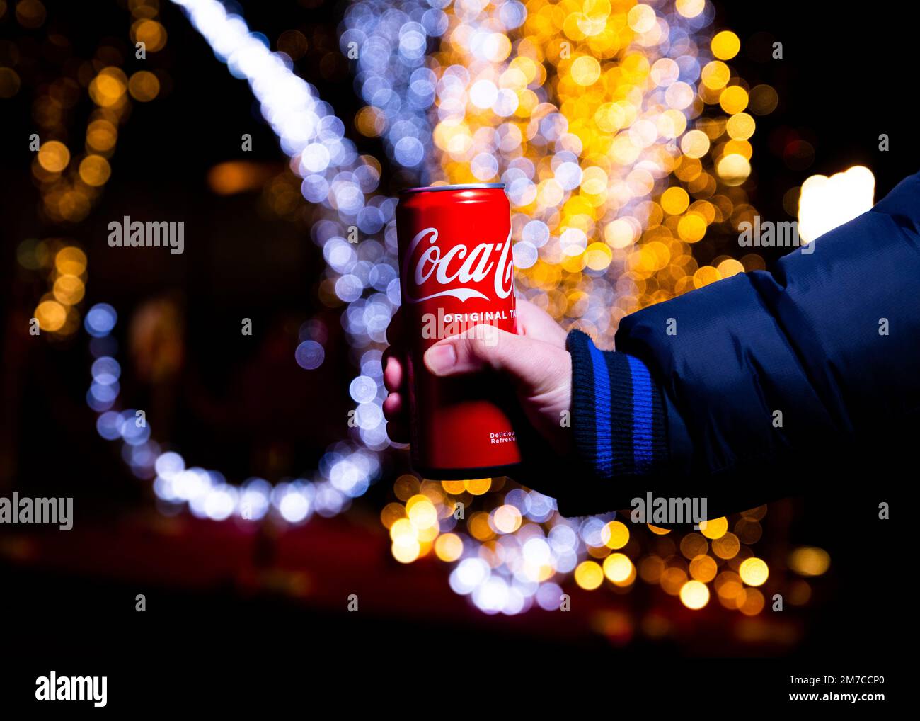 Belgrade, Serbia - January 5, 2023: Coca Cola can in hand with ...