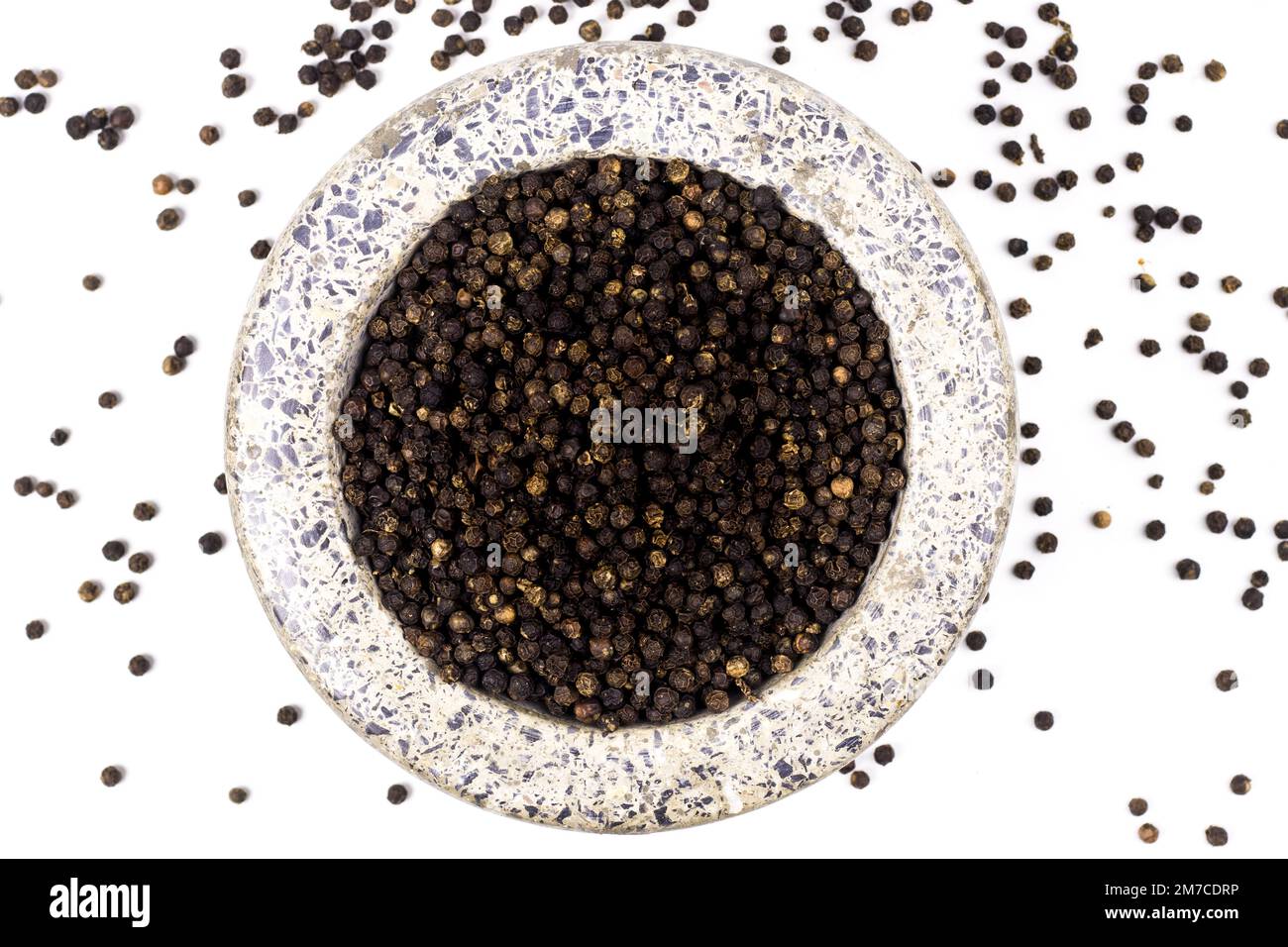 black pepper with white stone mortar isolated on white background. Dry ...