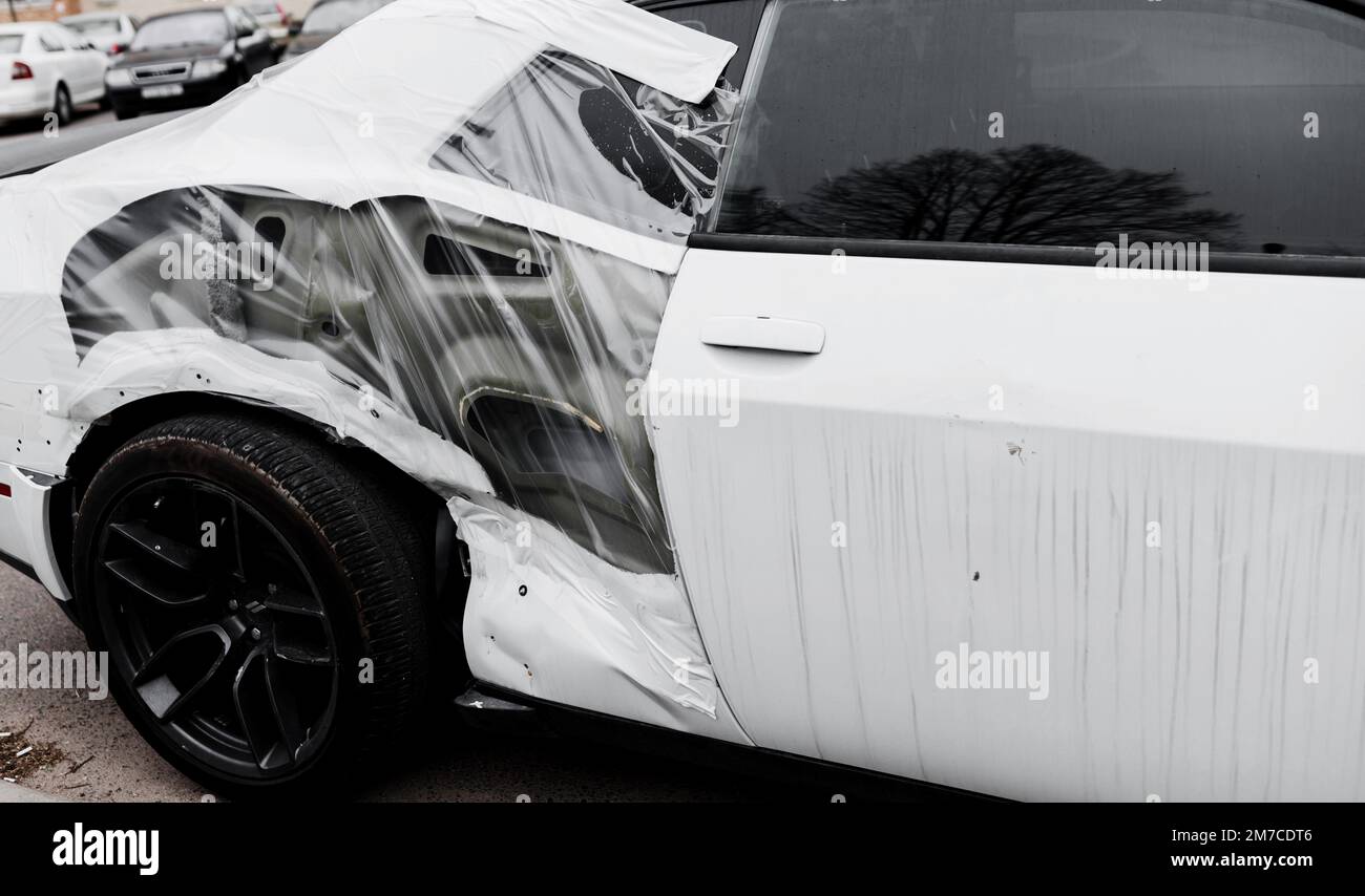 damaged car body during the accident. crashed automobile Stock Photo ...