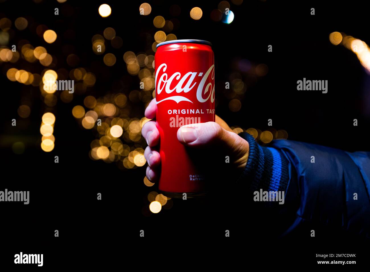Belgrade, Serbia - January 5, 2023: Coca Cola can in hand with ...