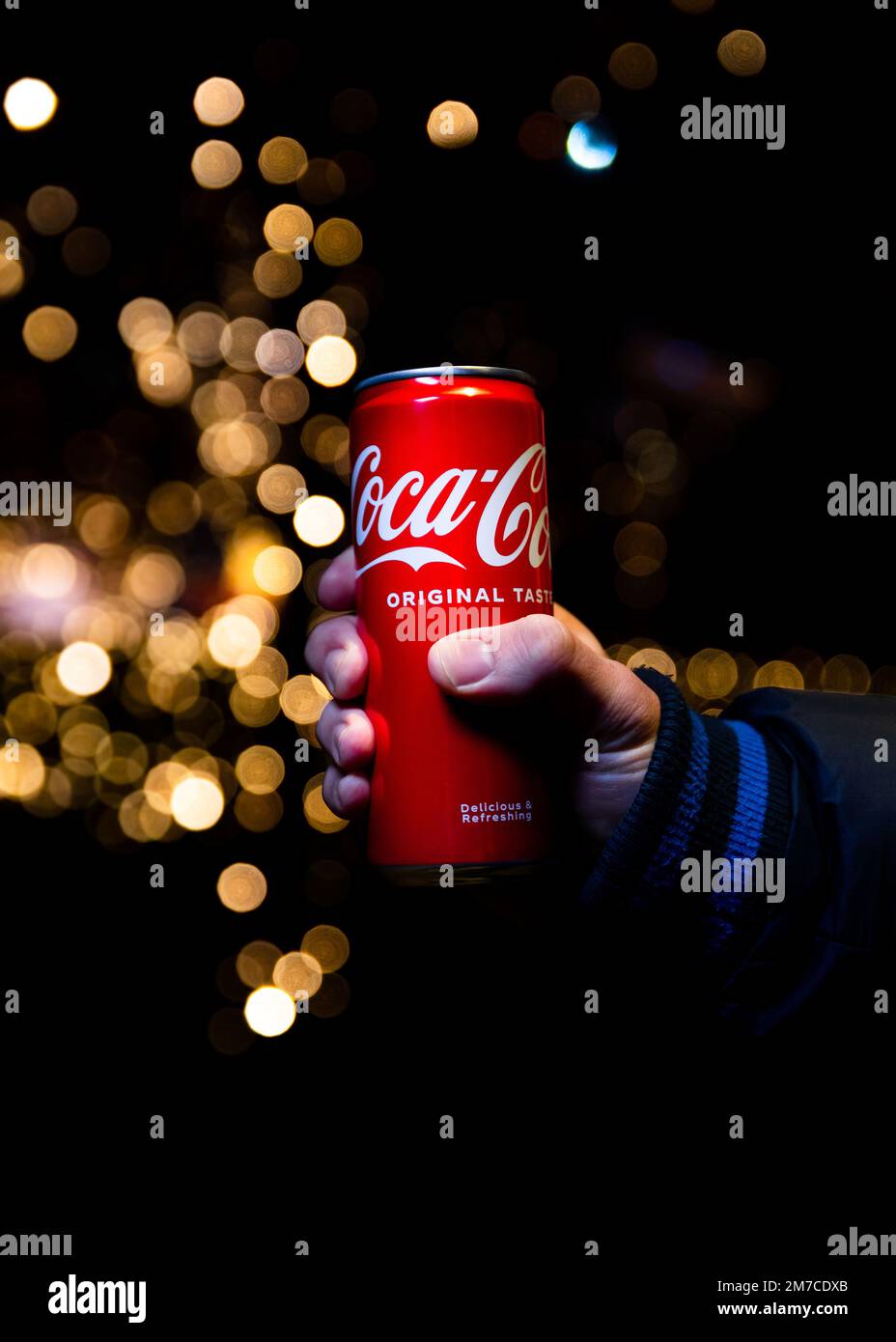 Belgrade, Serbia - January 5, 2023: Coca Cola can in hand with ...