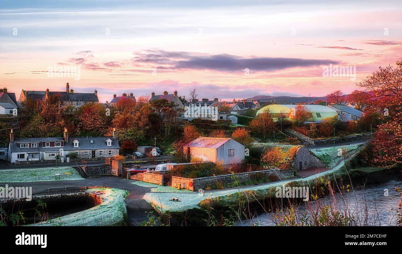 Brora frosty sunrise in autumn colour looking towards Ben Bhraggie ...