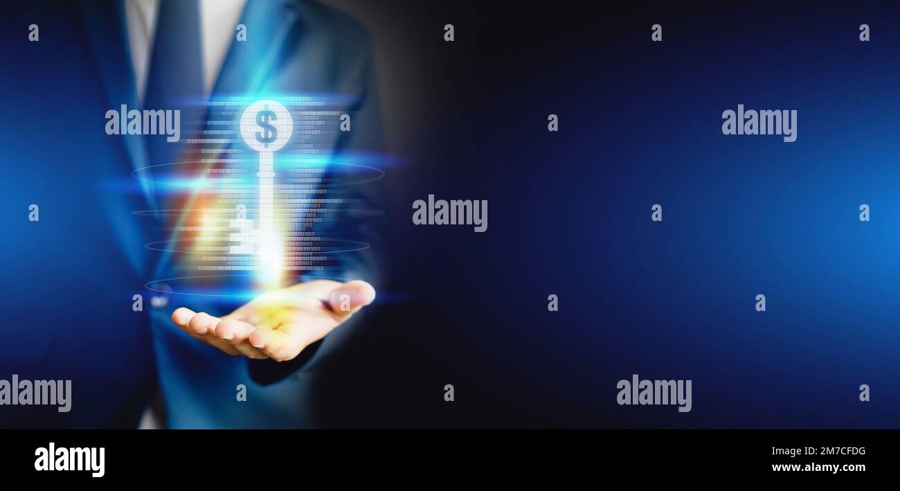 Hand holding glowing blue key hologram creative digital key hologram ...