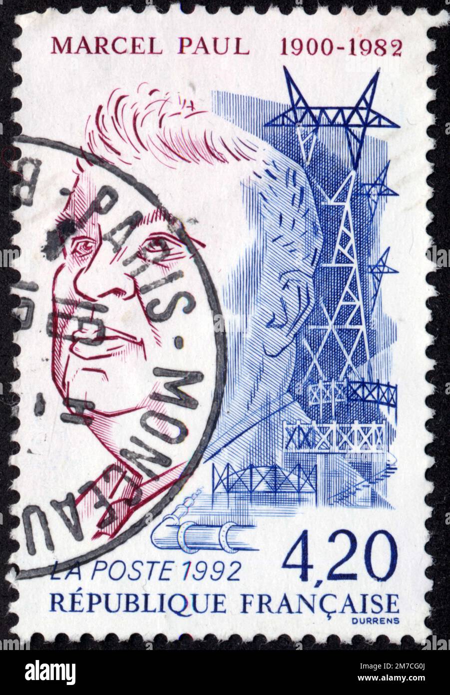 TIMBRE OBLITÉRÉ MARCEL PAUL 1900-1982. LA POSTE 1992. RÉPUBLIQUE ...