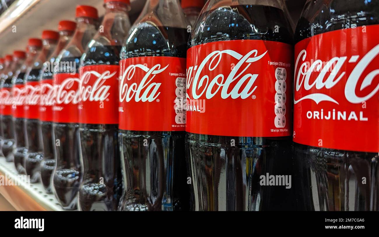 December 23, 2022 Mersin, Turkey: Bottles of Coca Cola soda water on ...