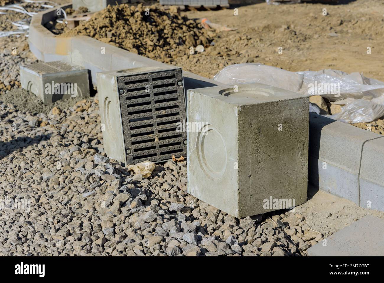 Road works construction on well concrete base during laying ...