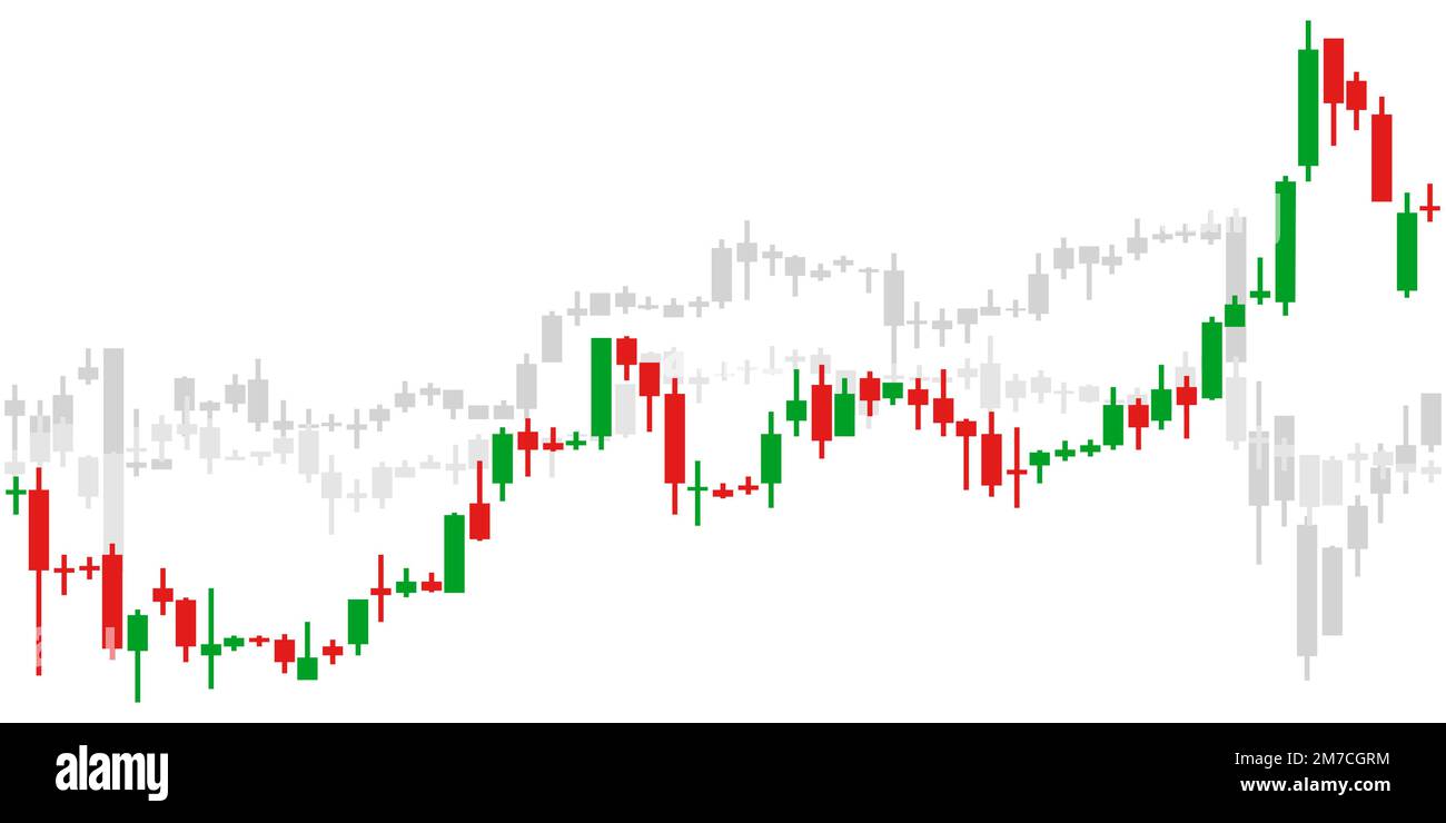 Three red green and grey Japanese candlestick graph charts on white ...