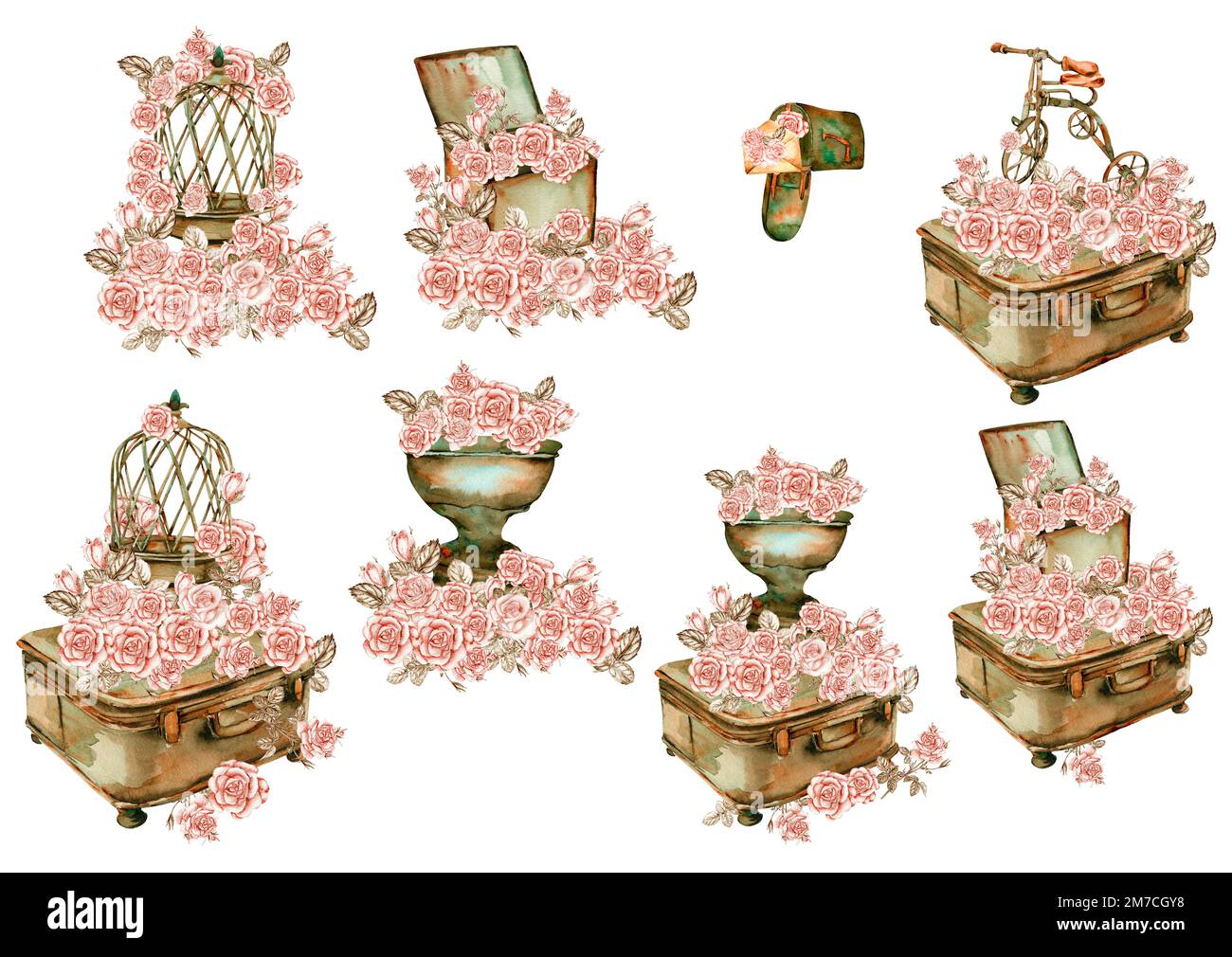 Watercolor illustration of rusty element with roses. An old rusty ...