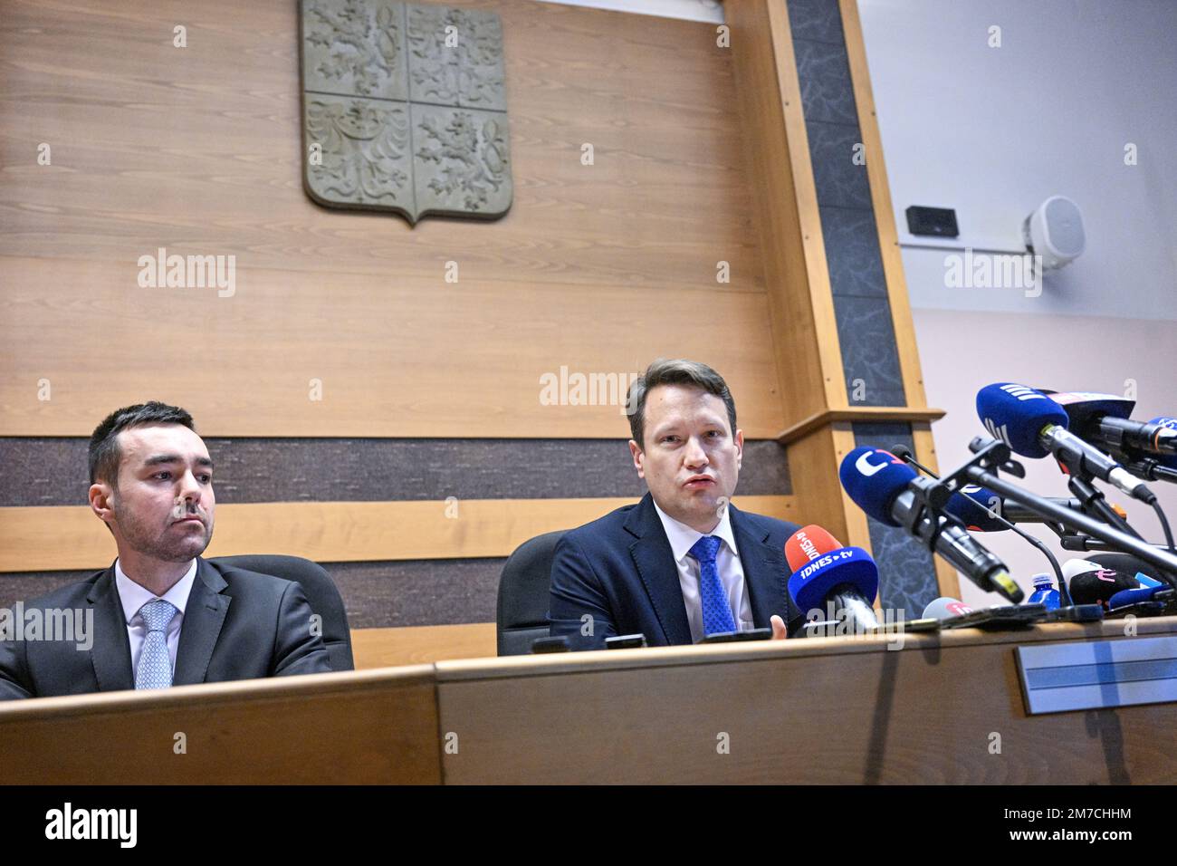 Prague, Czech Republic. 09th Jan, 2023. Judge Jan Sott, right, gives a ...