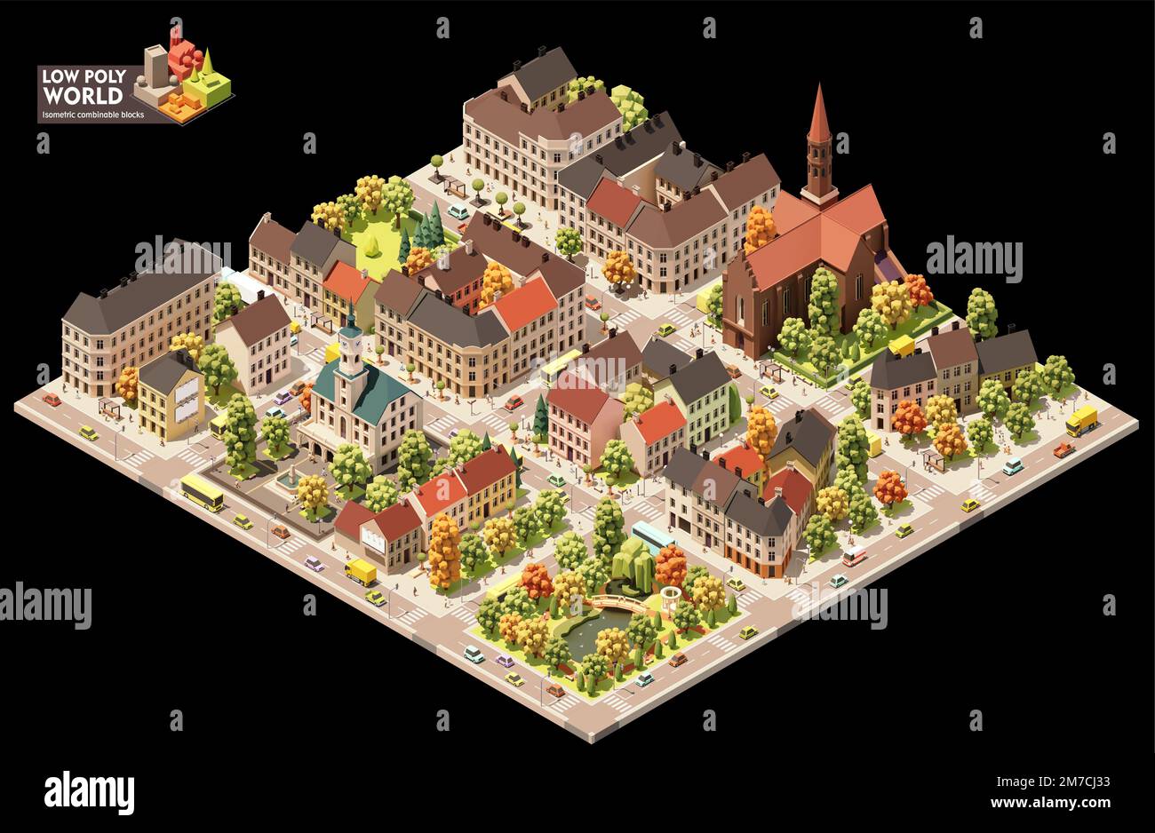 Vector isometric world map creation set. Combinable map elements. Town or city center map. Old ...