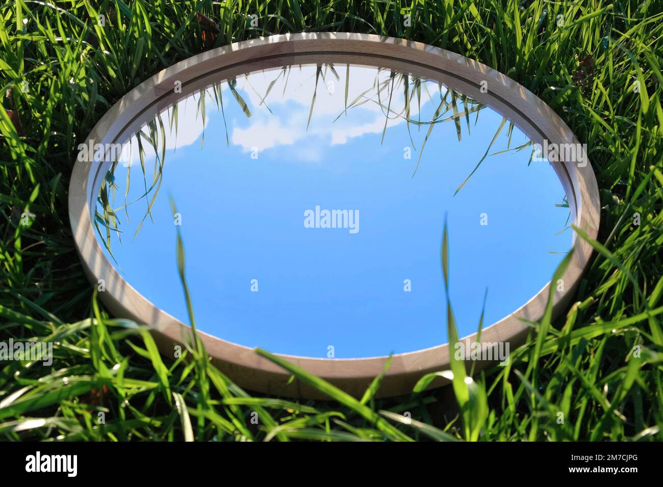 Cloudy Blue Sky Reflection in Round Wood Mirror on Summer Field with ...
