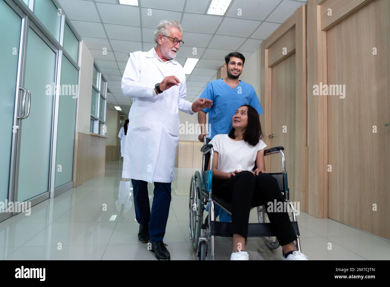 Doctor and male nurse transport a female patient in a wheelchair along ...