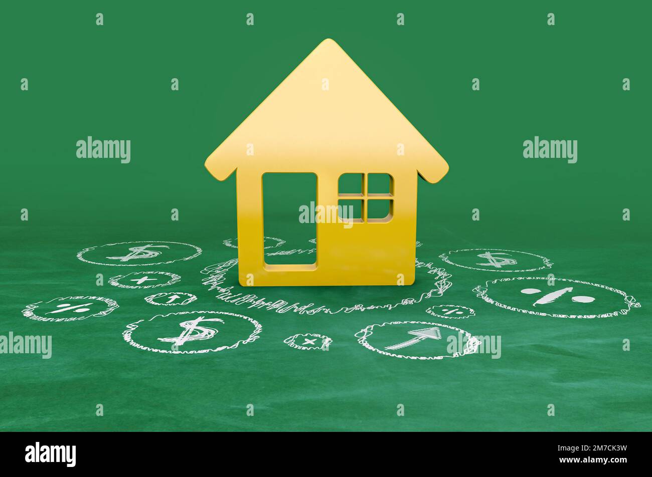 Closeup of a house icon over a chalkboard texture with doodles of ...