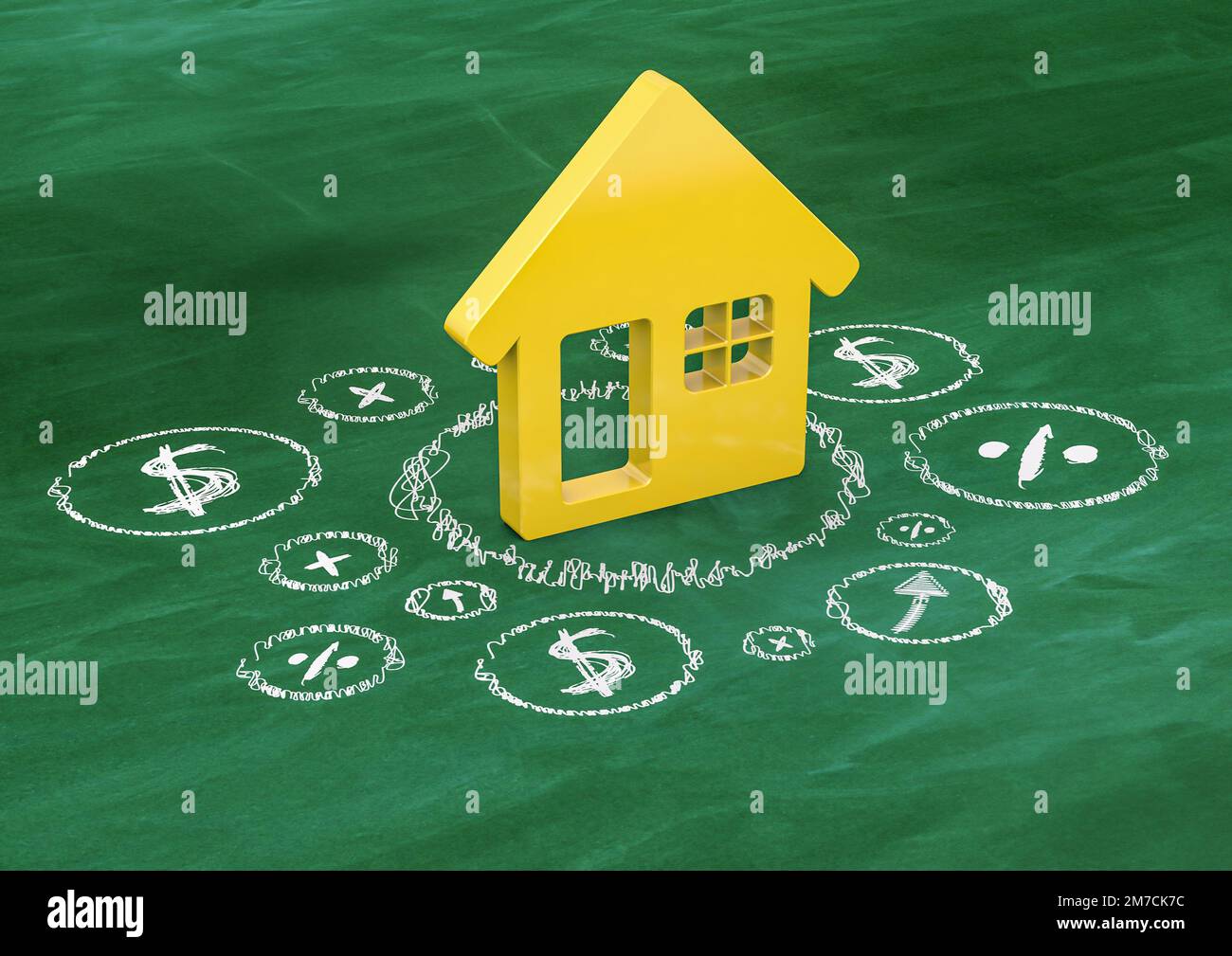 Closeup of a house icon over a chalkboard texture with doodles of ...