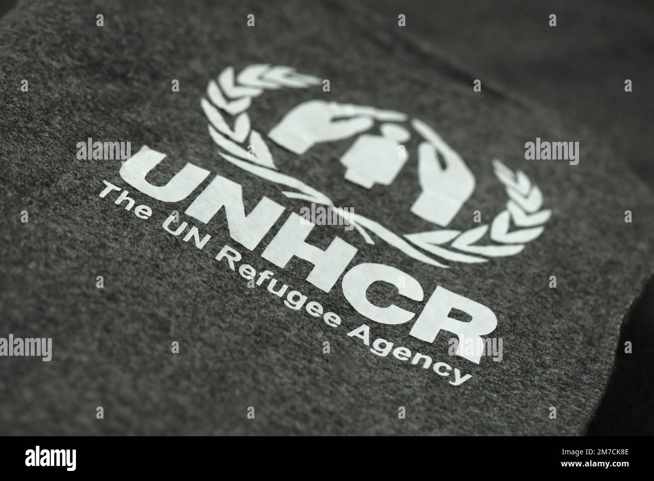 KYIV, UKRAINE - MAY 4, 2022 UNHCR The UN Refugee Agency logo on ...