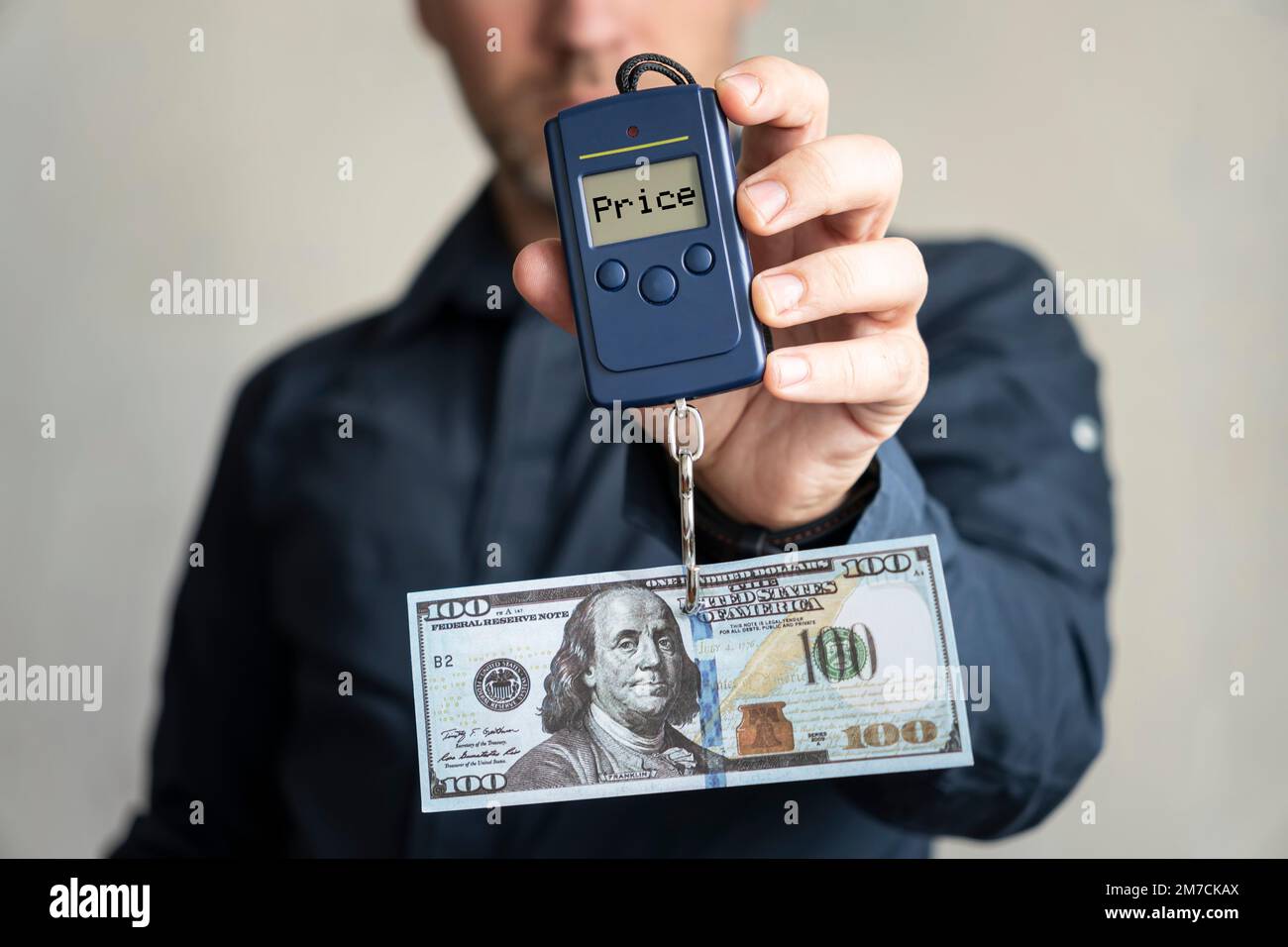 Dollar bills and a ruler on the electronic scales, a symbol of cost ...