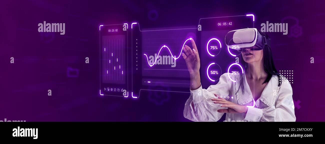 Woman, employee wearing VR glasses and working on virtual holographic ...