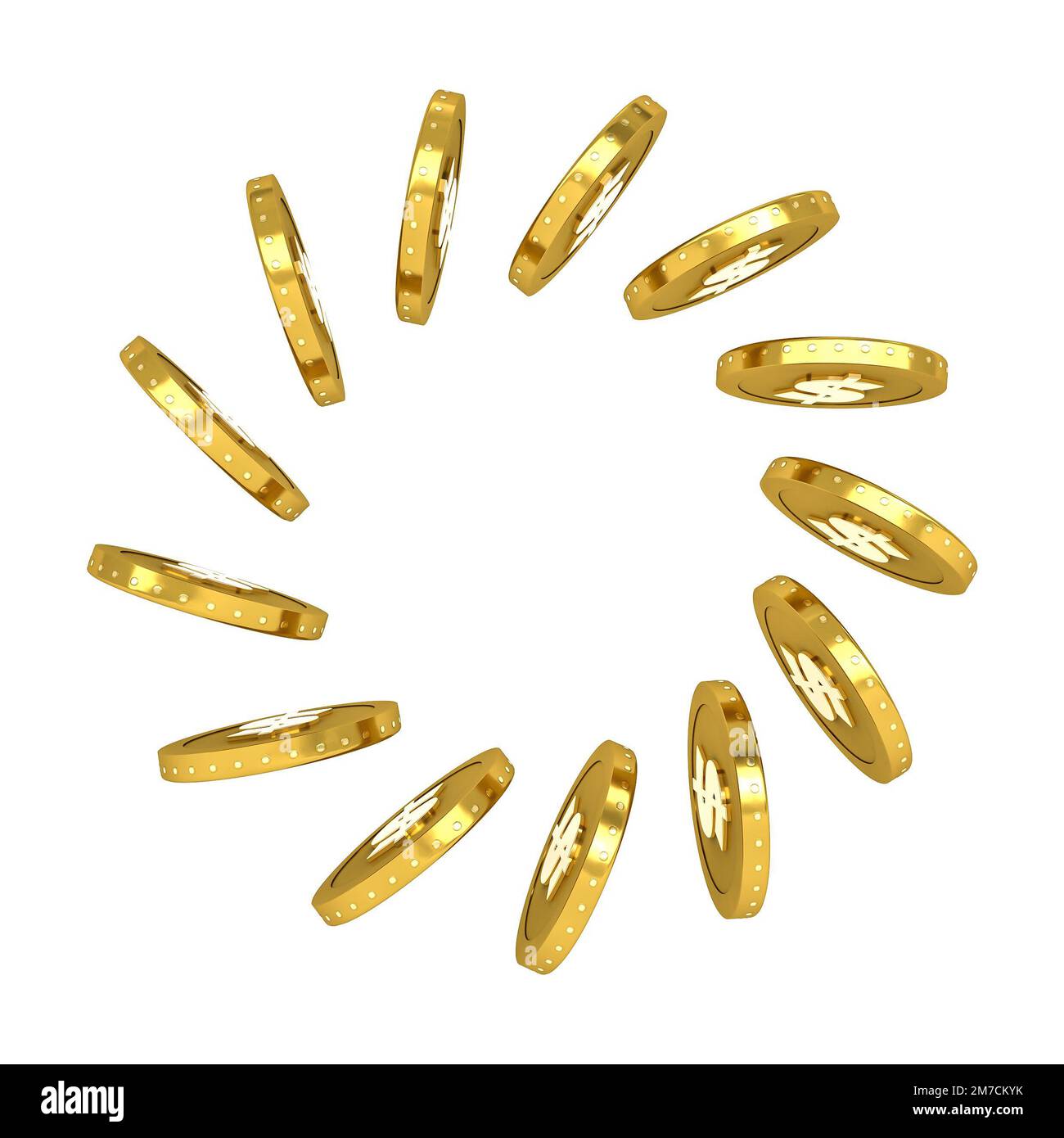 3D illustration of gold coin in circle for composition. Dollar currency ...