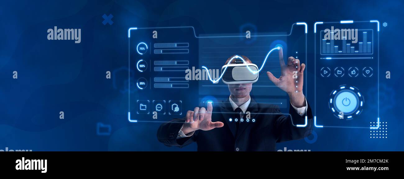 Man, employee wearing VR glasses and working on virtual holographic ...