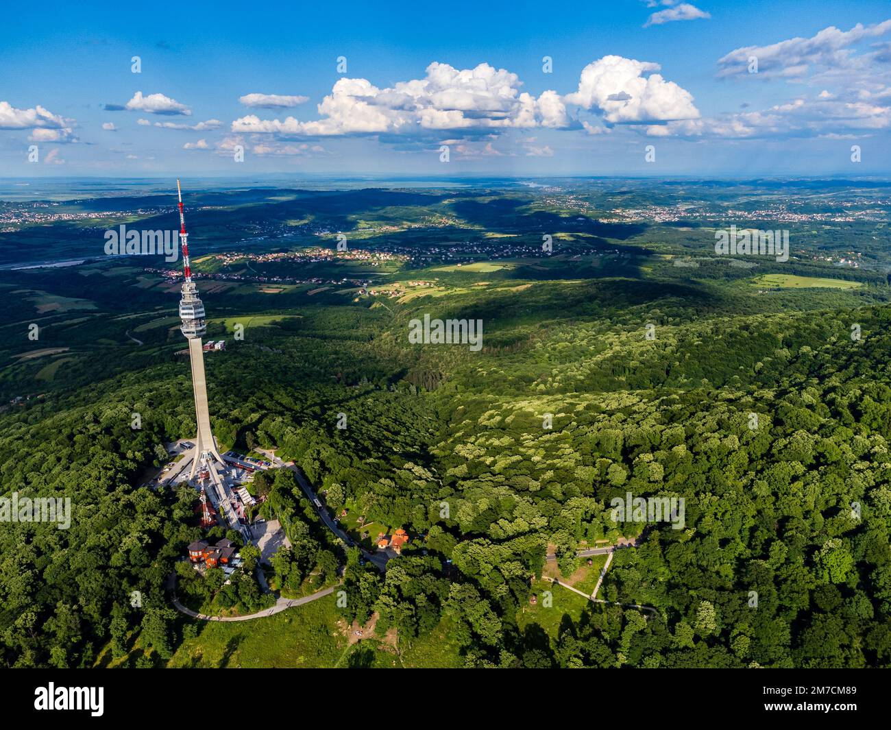 An aerial view of the Avala tower on Avala Mountain in Belgrade, Serbia ...