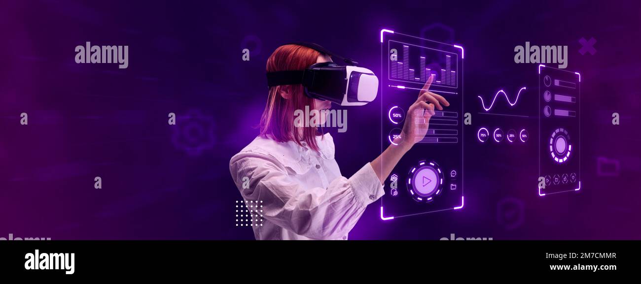 Woman, employee wearing VR glasses and working on virtual holographic ...