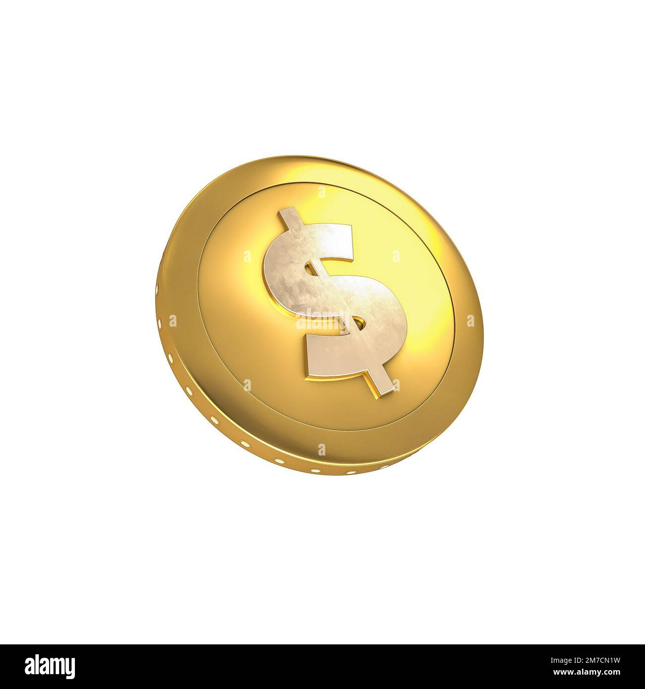 3D illustration of a gold dollar coin at a tilted angle. Coins in 3D ...