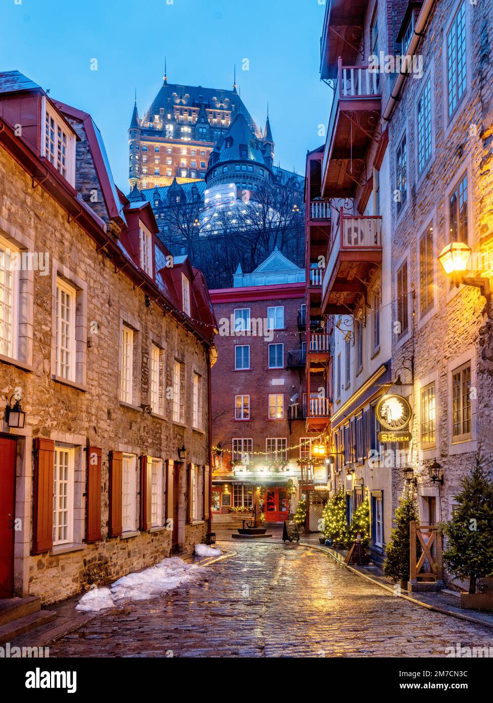 View to Hotel Fairmont Le Chateau Frontenac from Petit Champlain ...