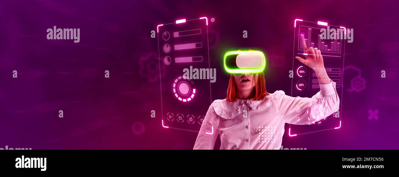 Woman, employee wearing VR glasses and working on virtual holographic ...