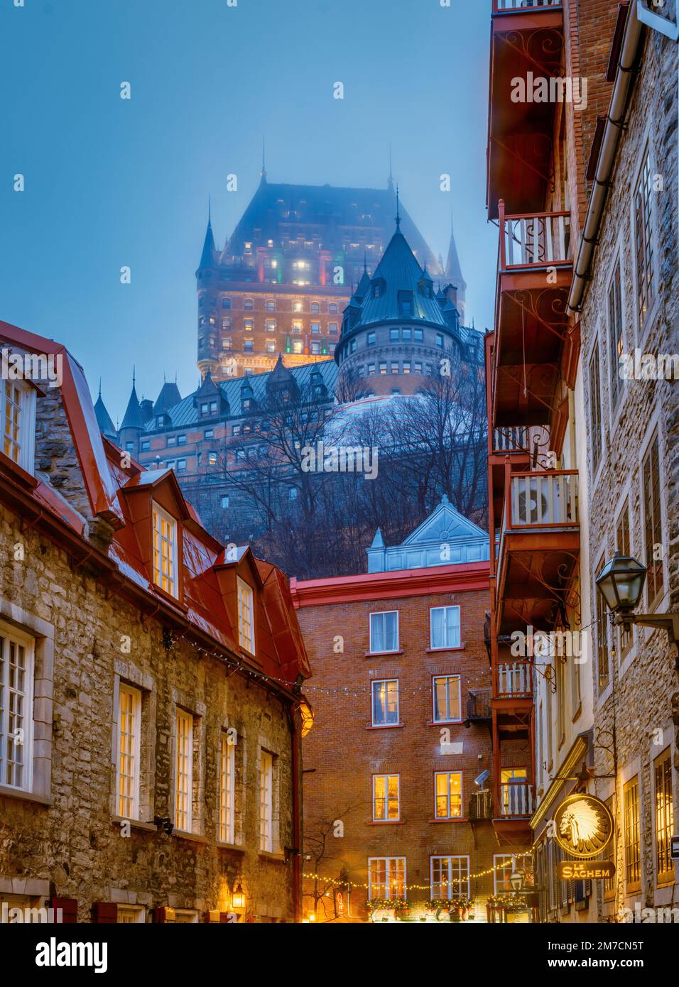 View to Hotel Fairmont Le Chateau Frontenac from Petit Champlain,Fog ...