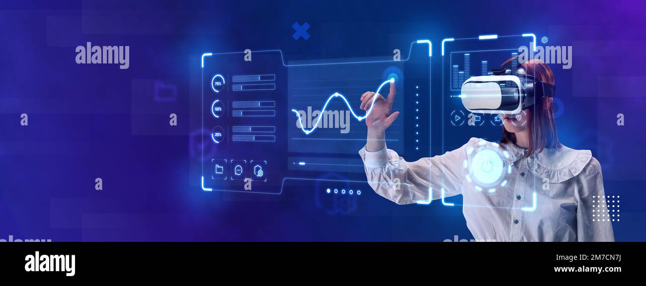 Woman, employee wearing VR glasses and working on virtual holographic ...