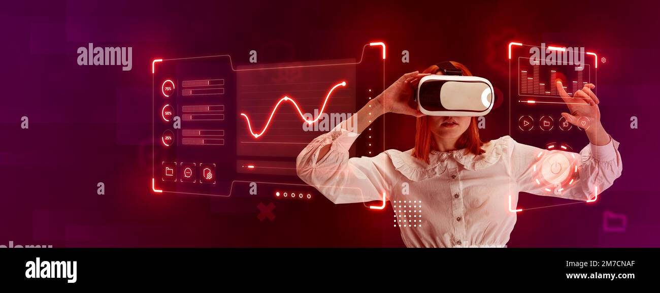 Woman, employee wearing VR glasses and working on virtual holographic ...