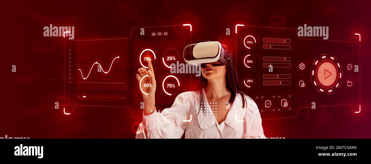 Woman, employee wearing VR glasses and working on virtual holographic ...