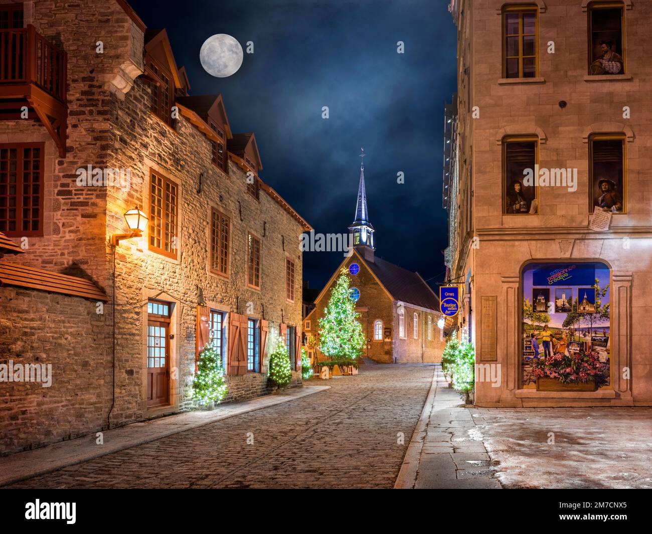 Place Royale with Christmas Tree,Snow and Ice, Full Moon Old Quebec ...