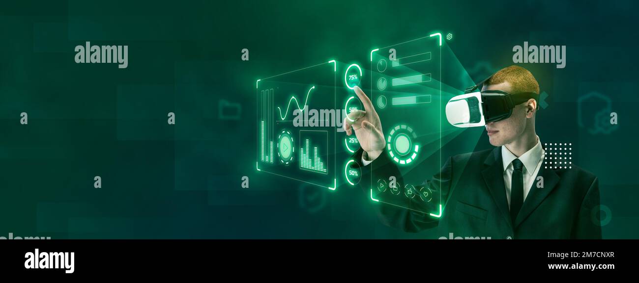 Man, employee wearing VR glasses and working on virtual holographic ...