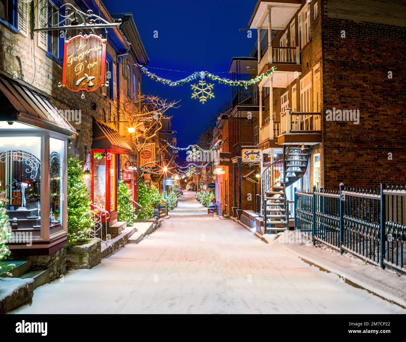 Petit Champlain with Snow and Illuminated, Old Quebec City, Quebec ...