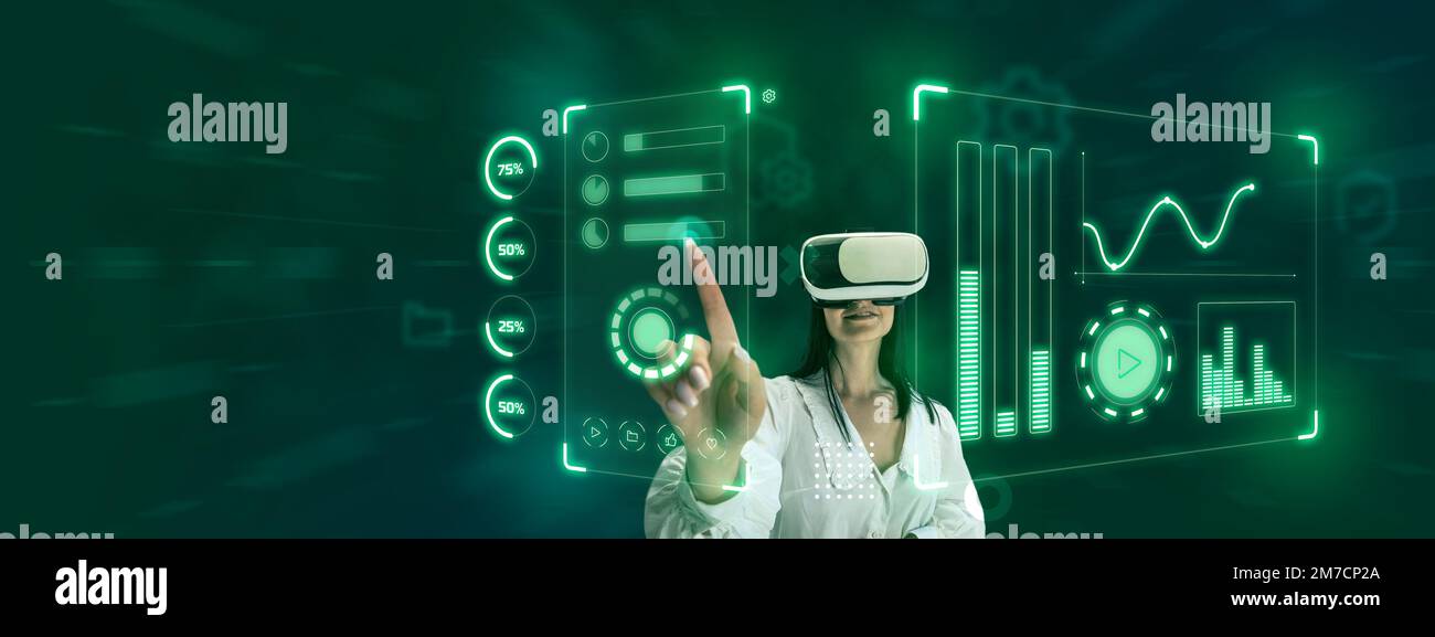 Woman, employee wearing VR glasses and working on virtual holographic ...