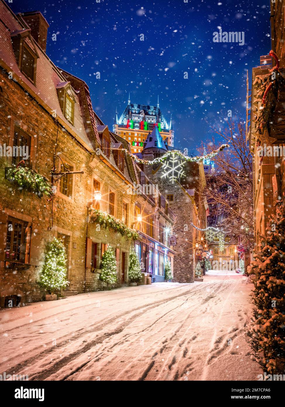 View to Hotel Fairmont Le Chateau Frontenac from Petit Champlain,Snow ...
